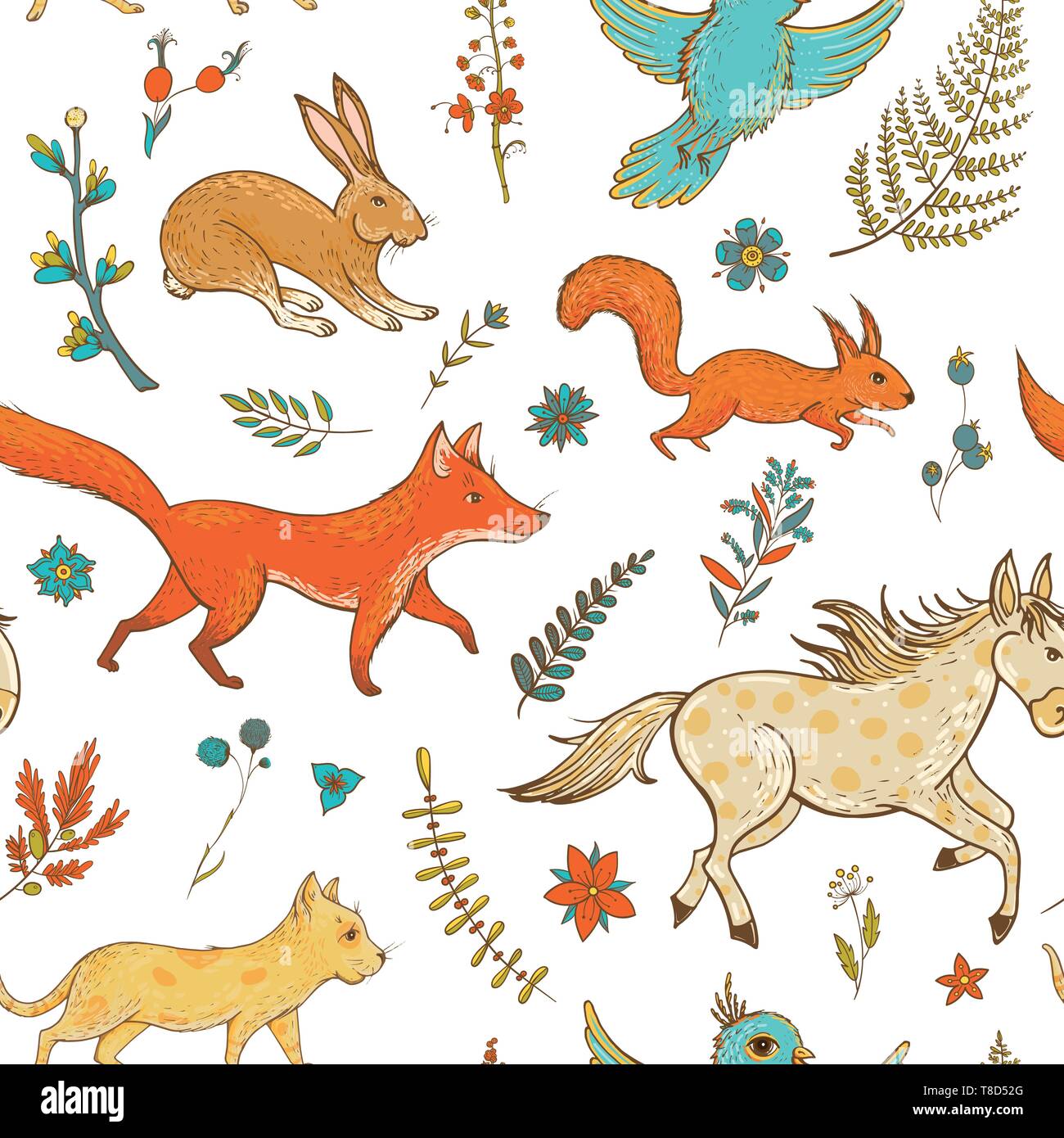 Vector seamless pattern with cute animals: fox, rabbit, horse, pony ...