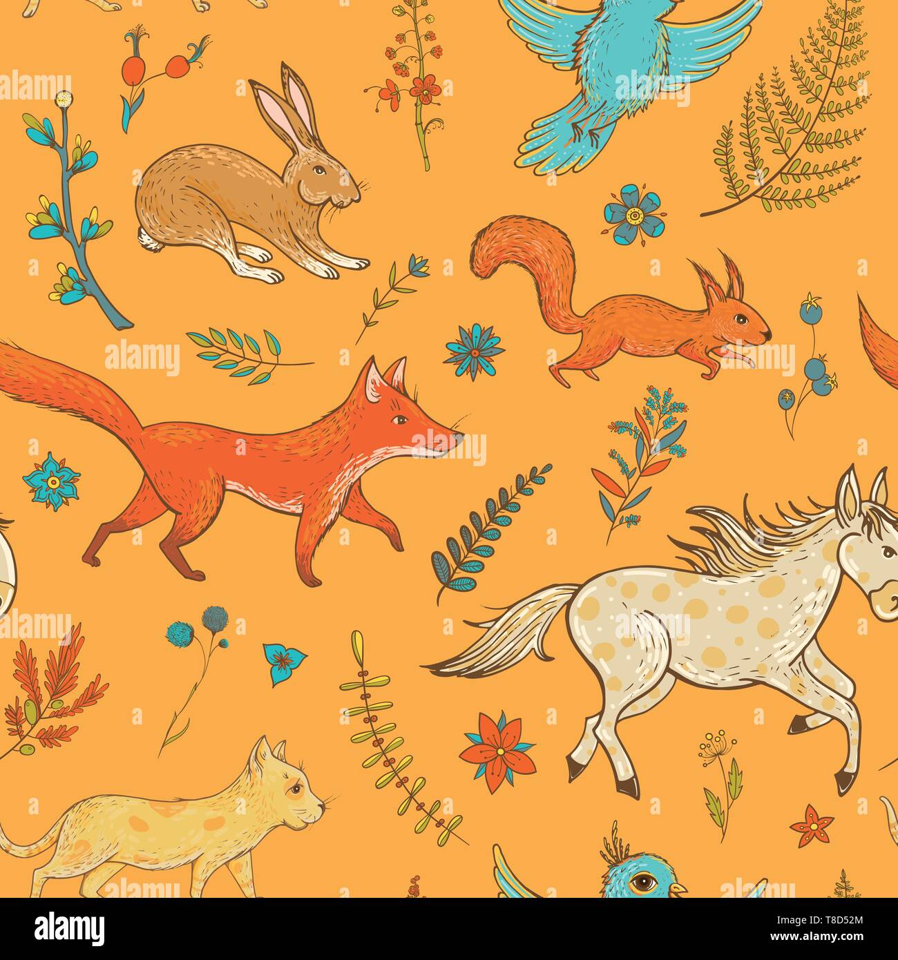 Vector seamless pattern with cute animals: fox, rabbit, horse, pony ...