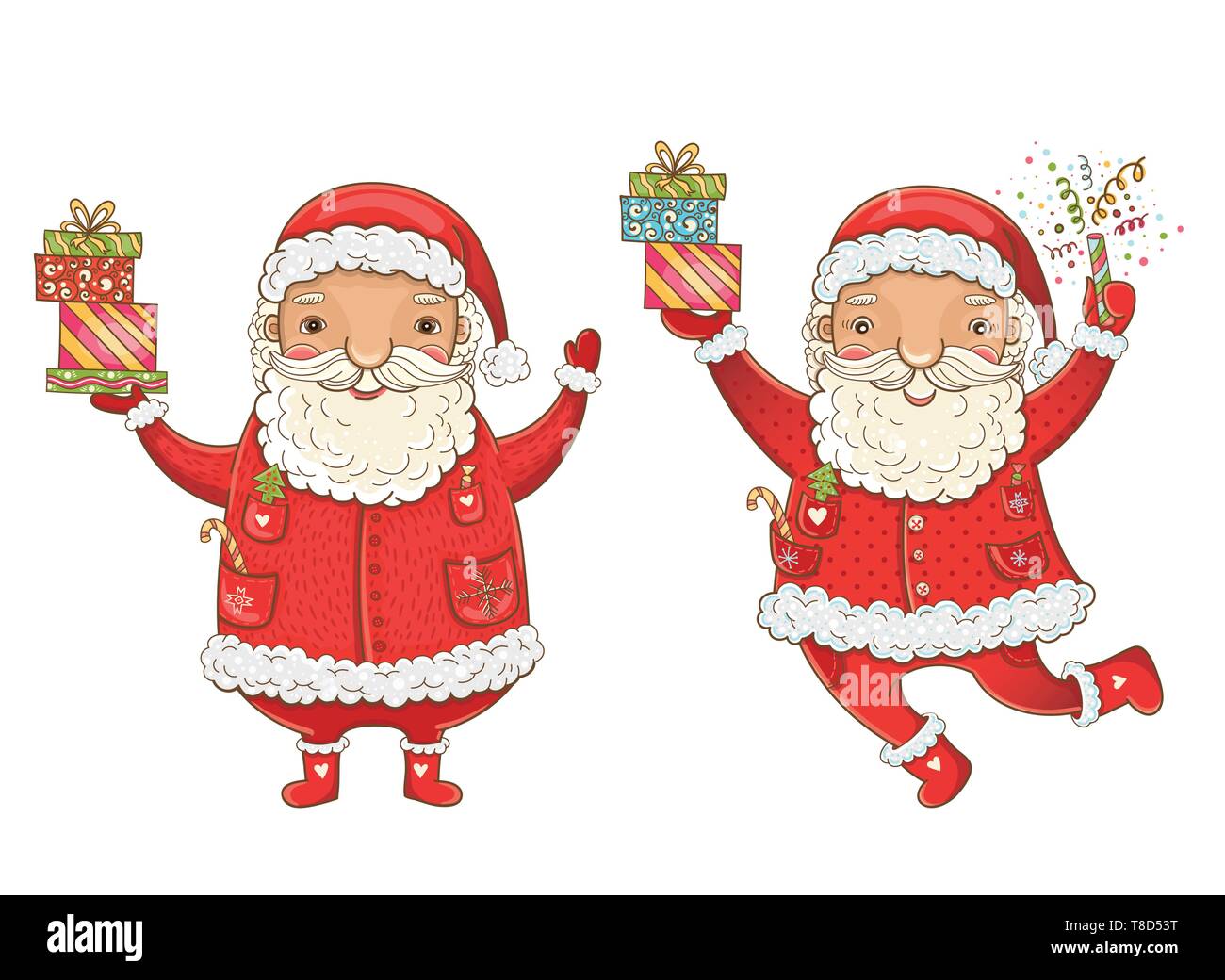 Vector cute illustration of Santa Claus with gifts, candies and ...