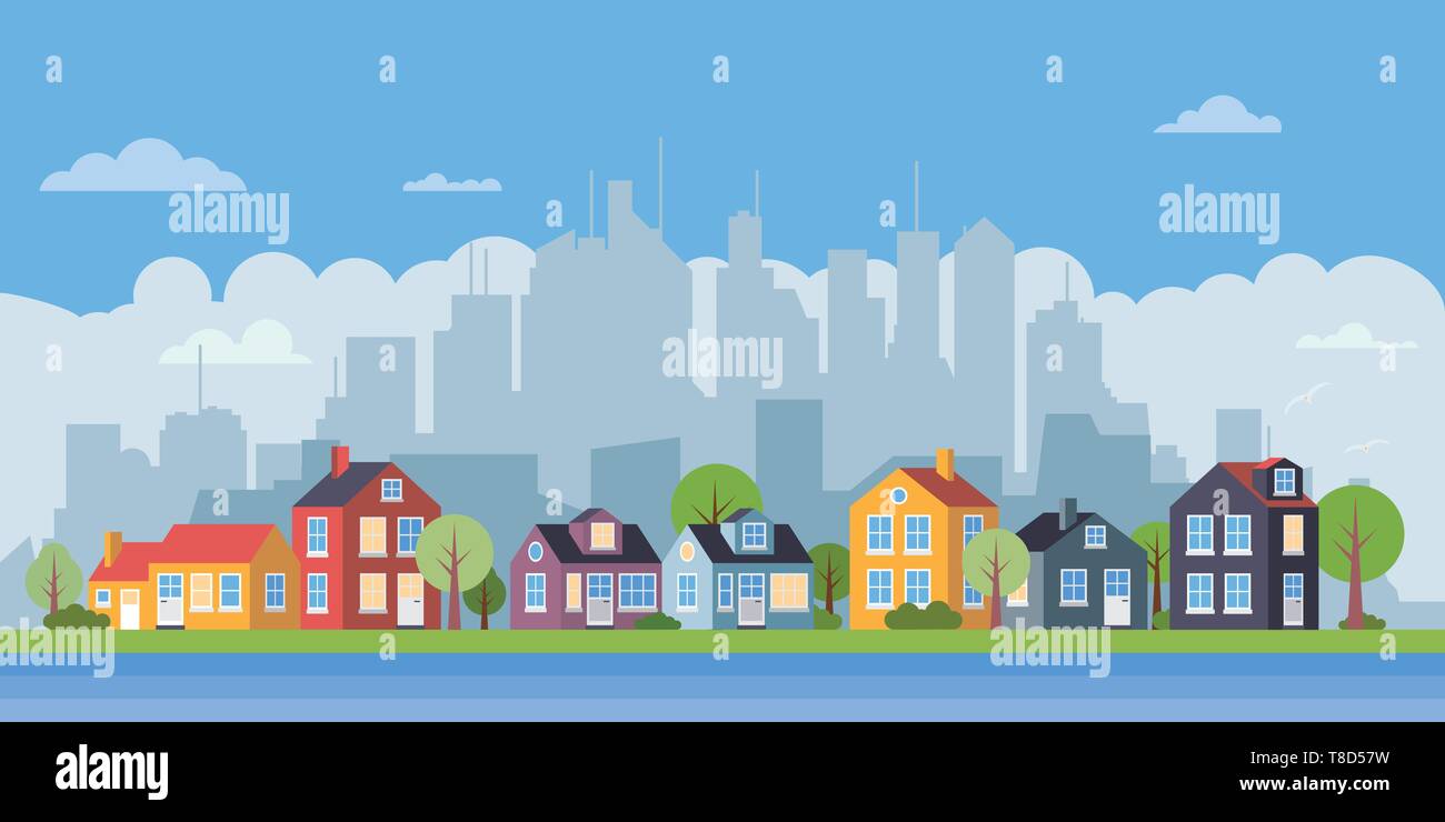 Suburban landscape. Village at the river, cityscape in background flat ...