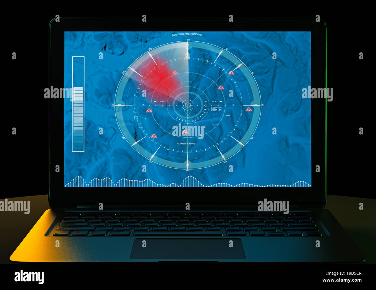 Radar, satellite view of land and sensitive military targets. Computer ...