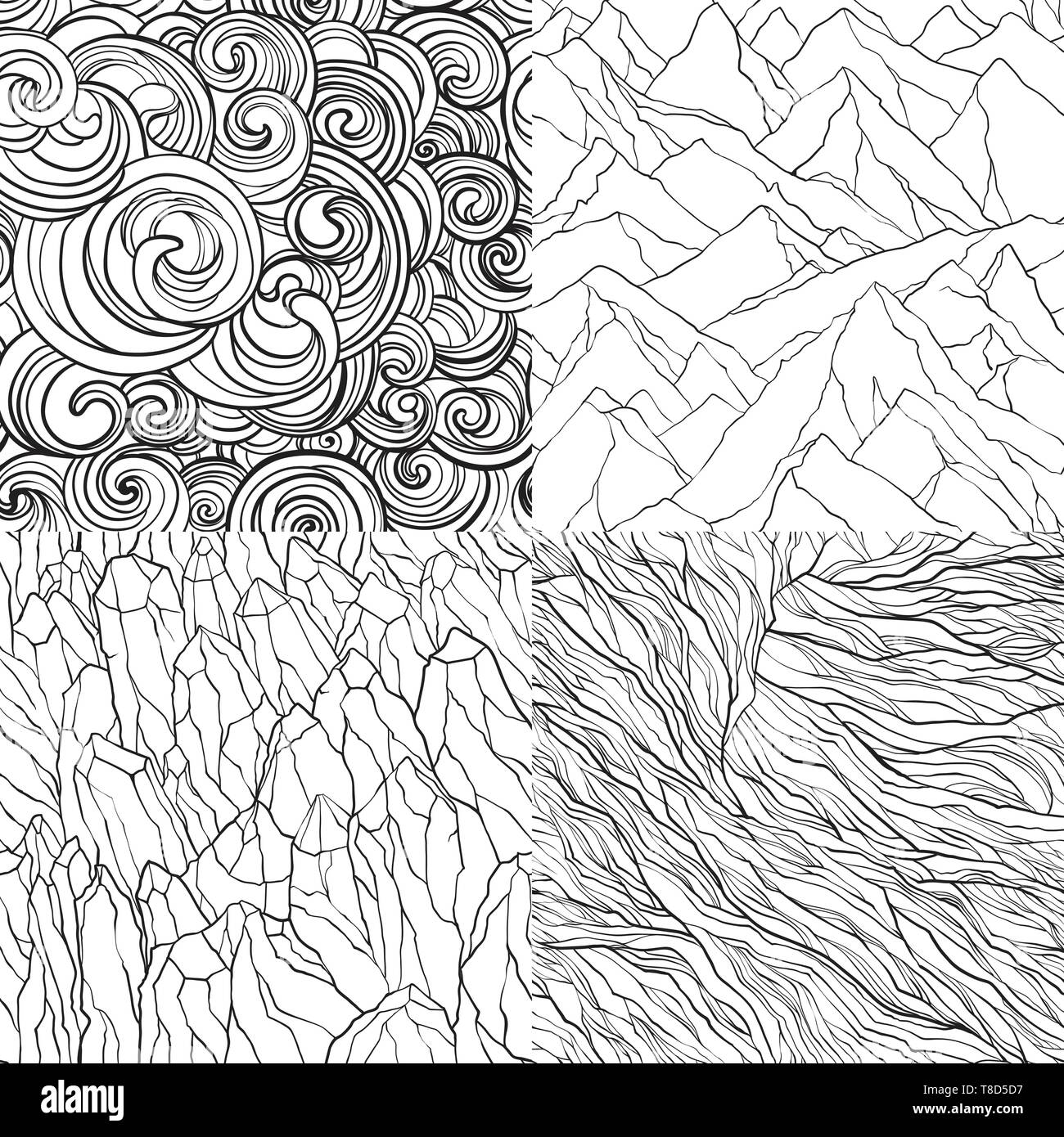 Vector set of seamless patterns with mountains, crystal stones, curls ...