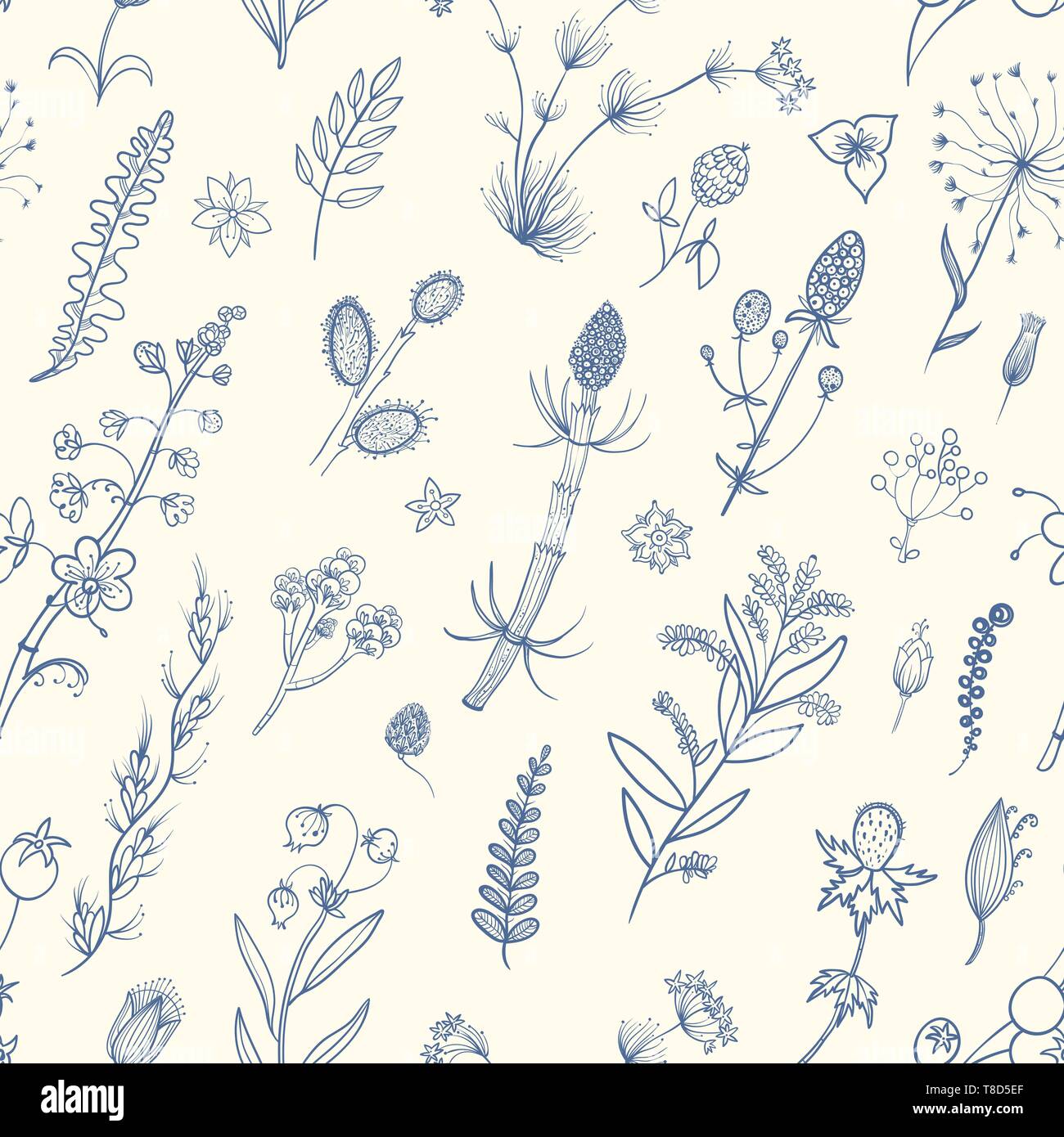 Vector seamless pattern with herbarium plants. Botanical backdrop Stock ...