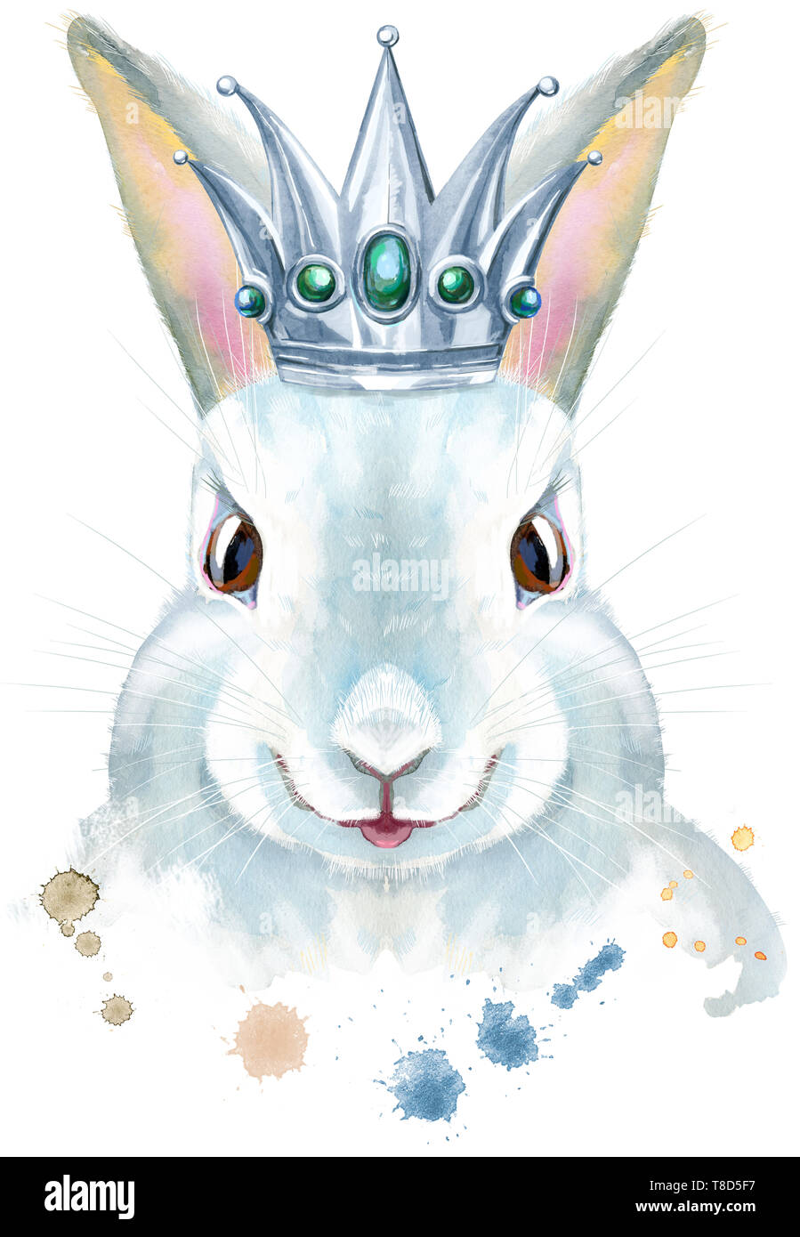 Watercolor illustration of a white rabbit with silver crown Stock Photo ...