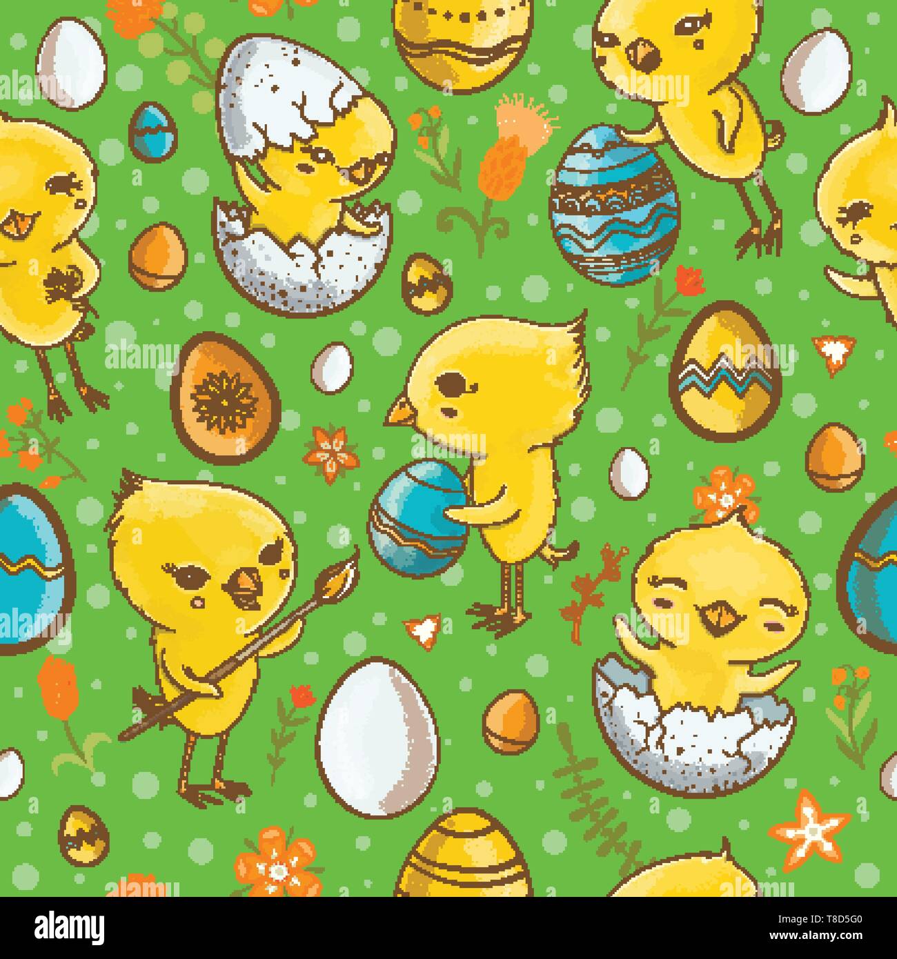 Vector seamless pattern with funny cute chicks, easter eggs and spring ...
