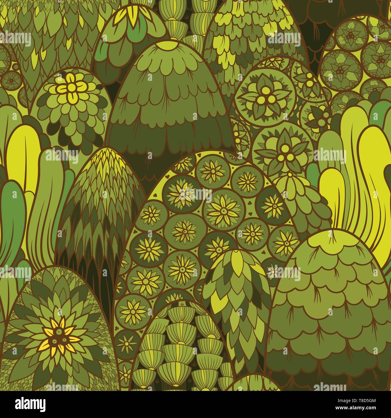 Stylized seamless pattern with green trees and bushes. Vector botanical ...