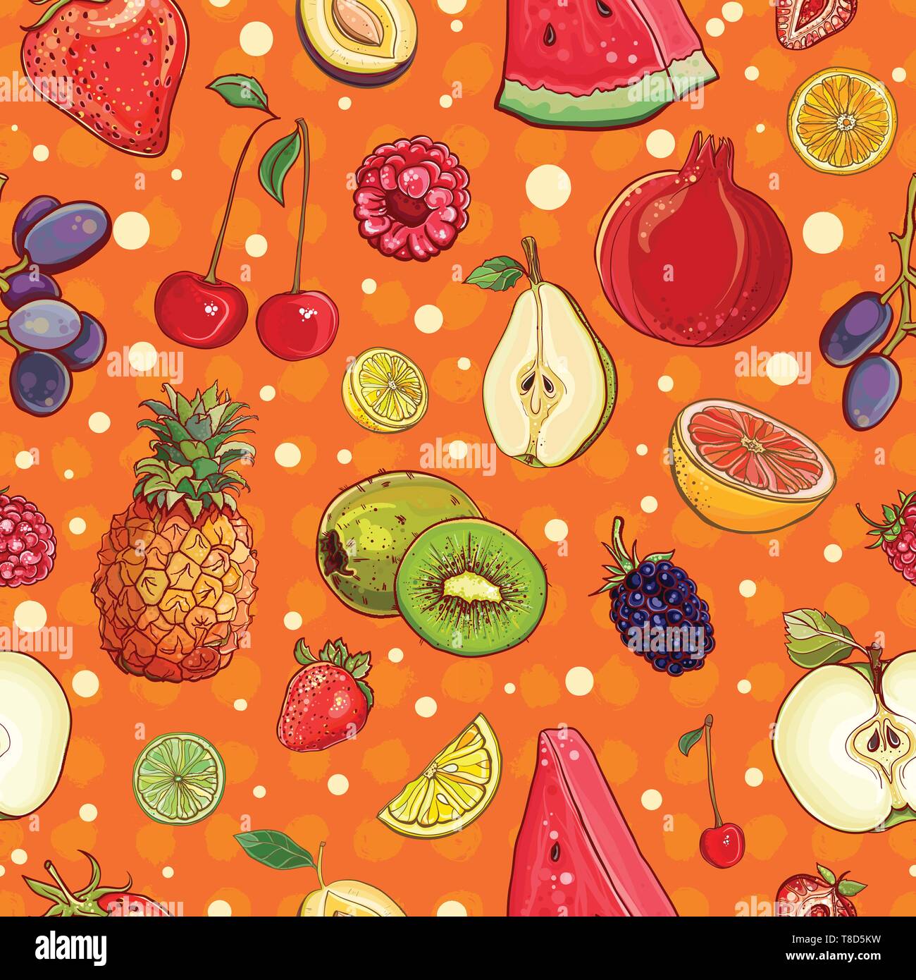 Hand drawn vector seamless pattern with bright juicy fruits and berries ...