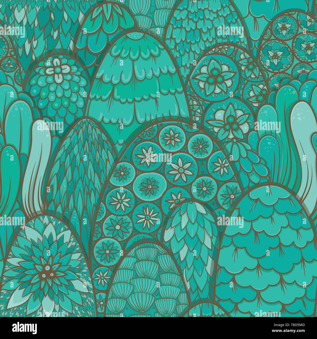 Stylized seamless pattern with turquoise trees and bushes. Vector ...