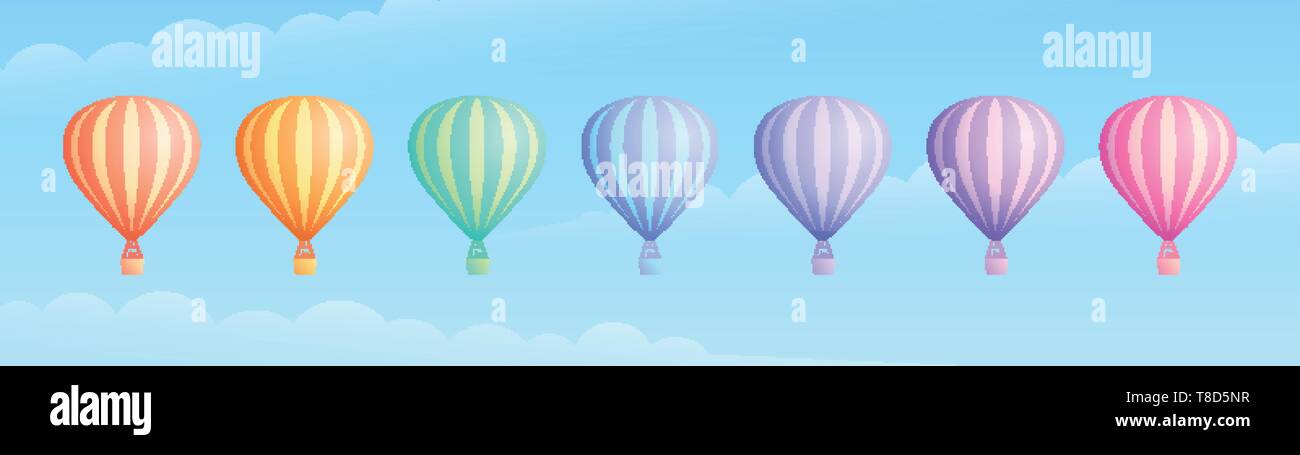 Hot air balloon travel adventure vector illustration set. White cloud ...