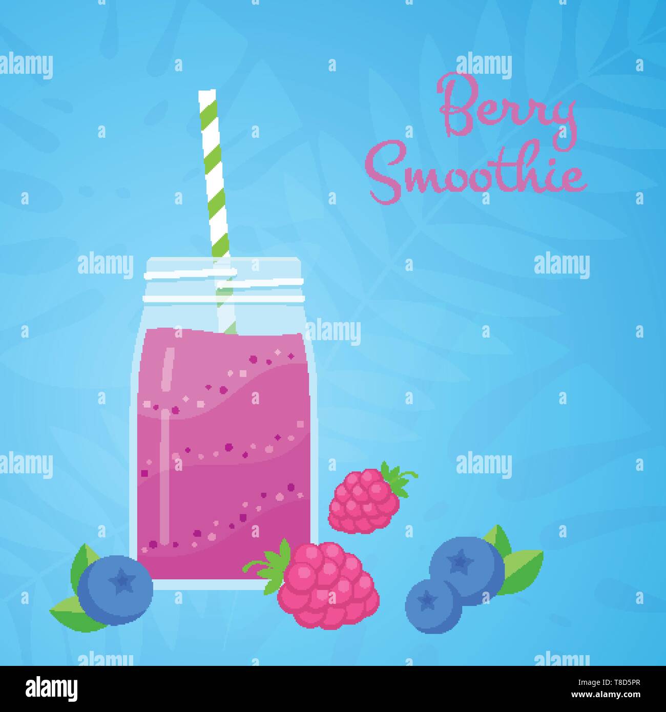 Purple natural fruit raspberry smoothie vector illustration. Glass jar ...