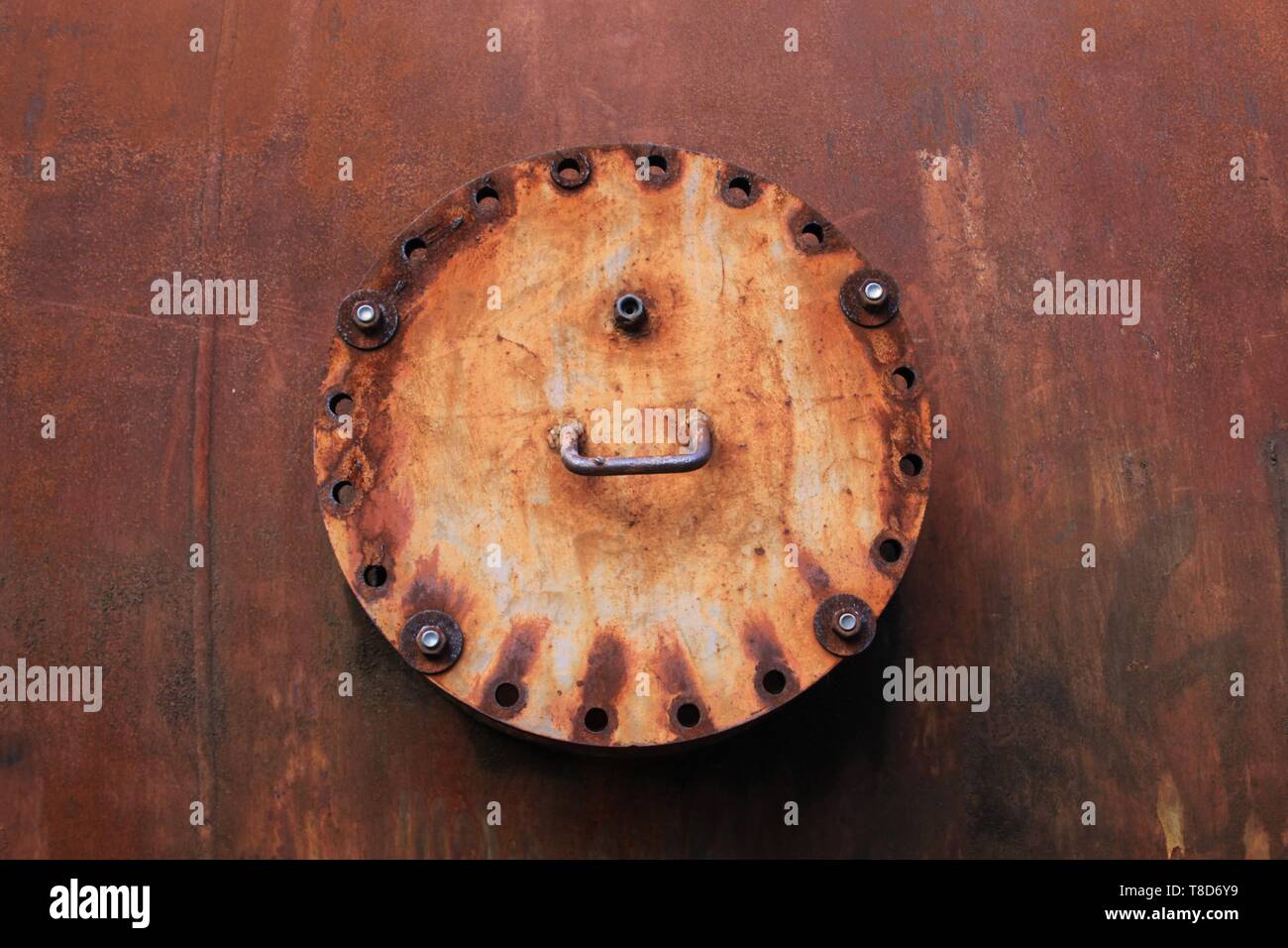 Landschaftspark Duisburg, Germany: Close up of isolated round rusty ...