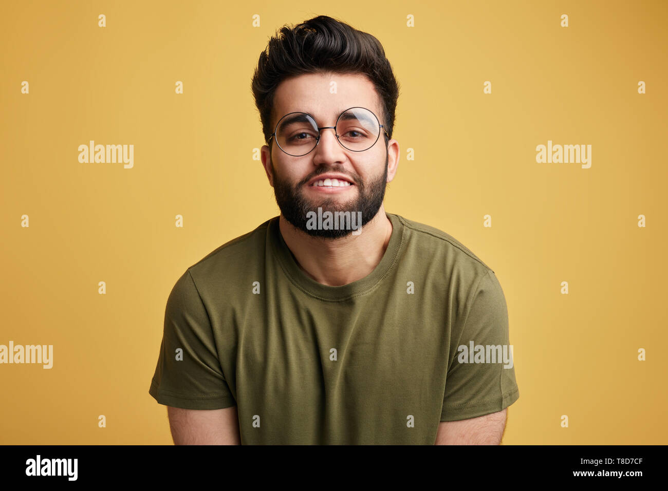 Attractive awesome positive harmless man in glasses showi ng his white ...