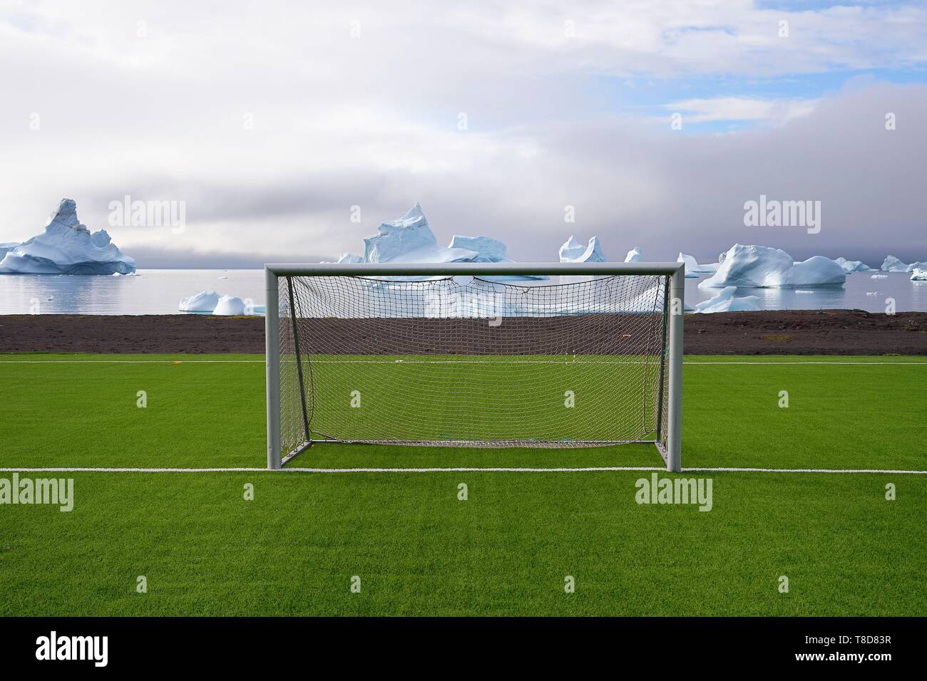 Greenland, west coast, Disko Island, Qeqertarsuaq, goal cage of a ...