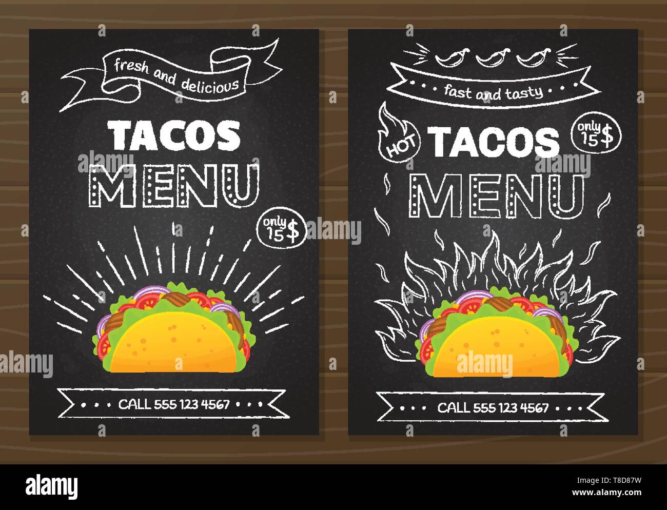 Mexican cuisine fastfood tacos menu. Colorful beef taco graphic with ...