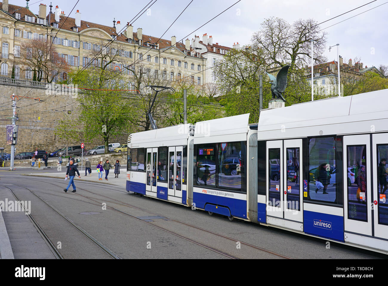 GENEVA, SWITZERLAND -4 APR 2019- View of a public tram on the street in ...