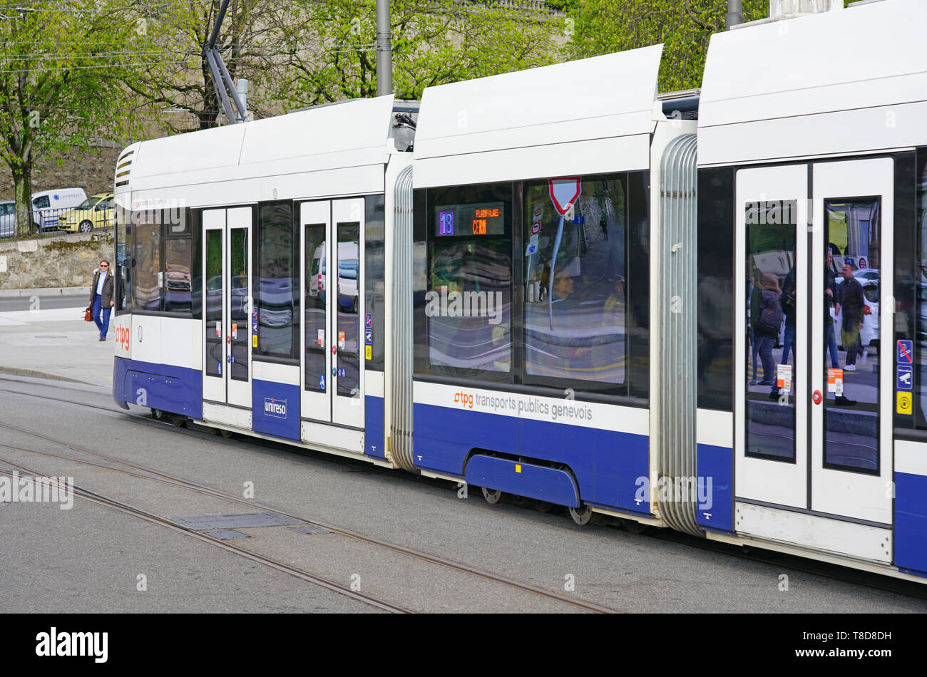 GENEVA, SWITZERLAND -4 APR 2019- View of a public tram on the street in ...
