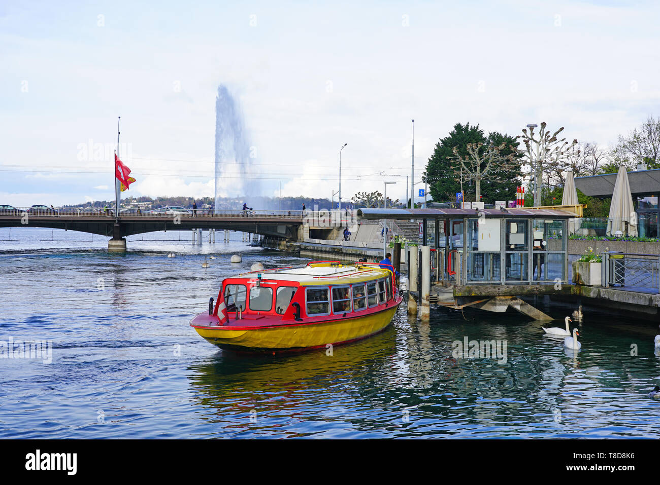 GENEVA, SWITZERLAND -4 APR 2019- View of the Jet d’Eau fountain, the ...