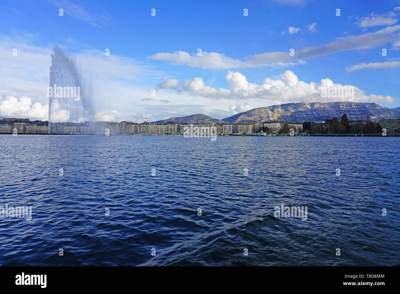 GENEVA, SWITZERLAND -4 APR 2019- View of the Jet d’Eau fountain, the ...