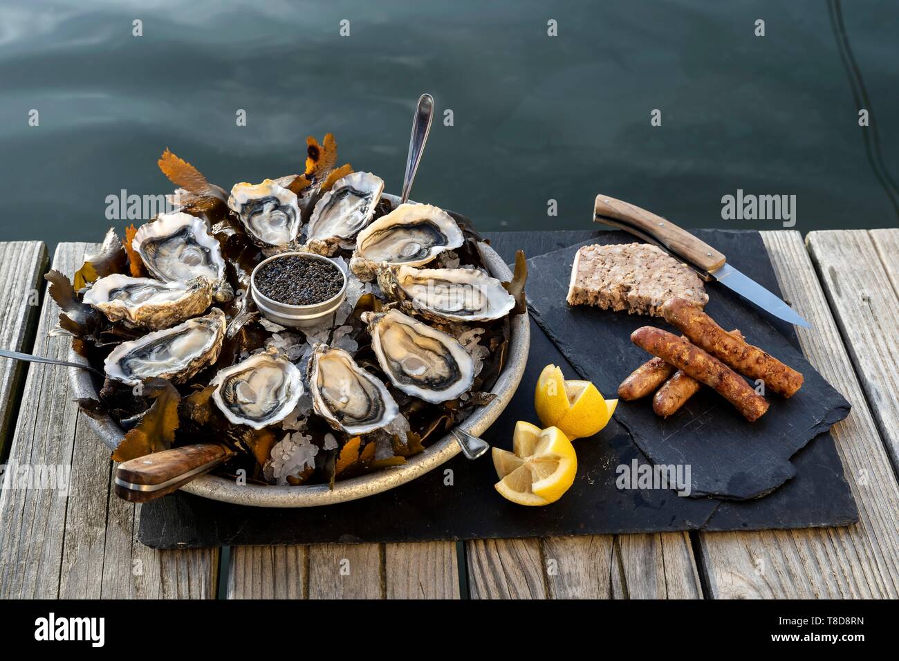 France, Gironde, Bassin d'Arcachon, Oyster platter with local caviar ...