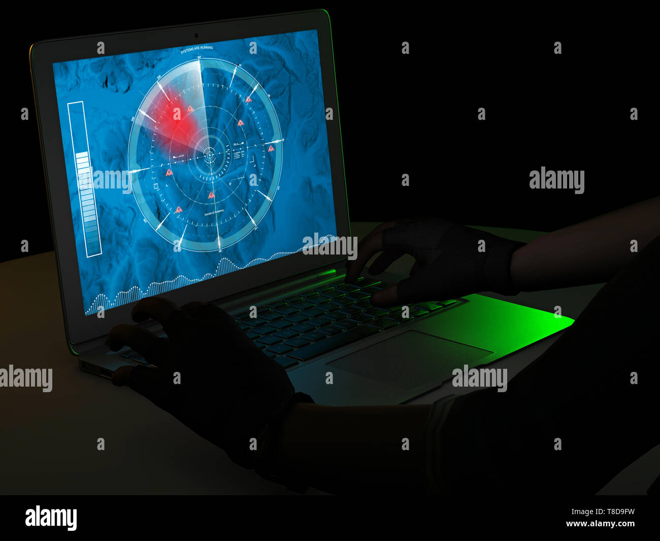 Radar, satellite view of land and sensitive military targets. Computer ...