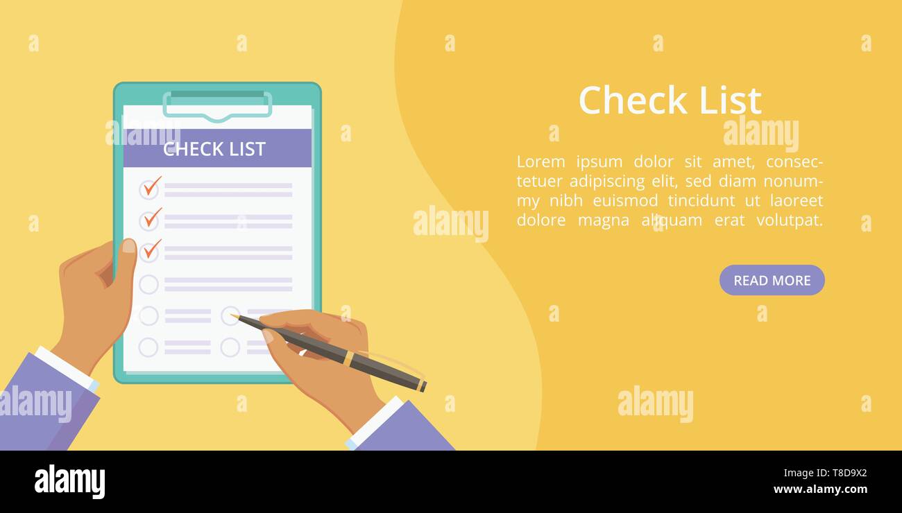 Hands with clipboard check list web page template. Vector landing ...