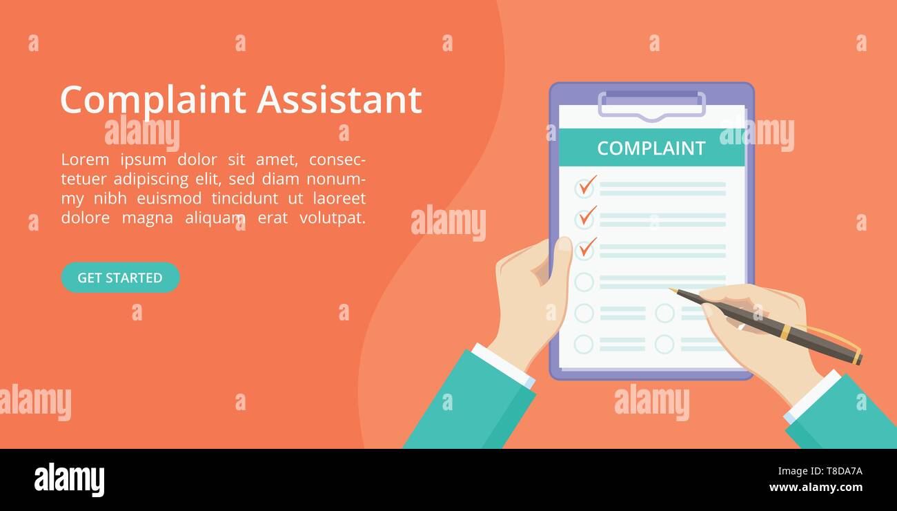 Complaint form on clipboard with hands landing page concept. Online ...