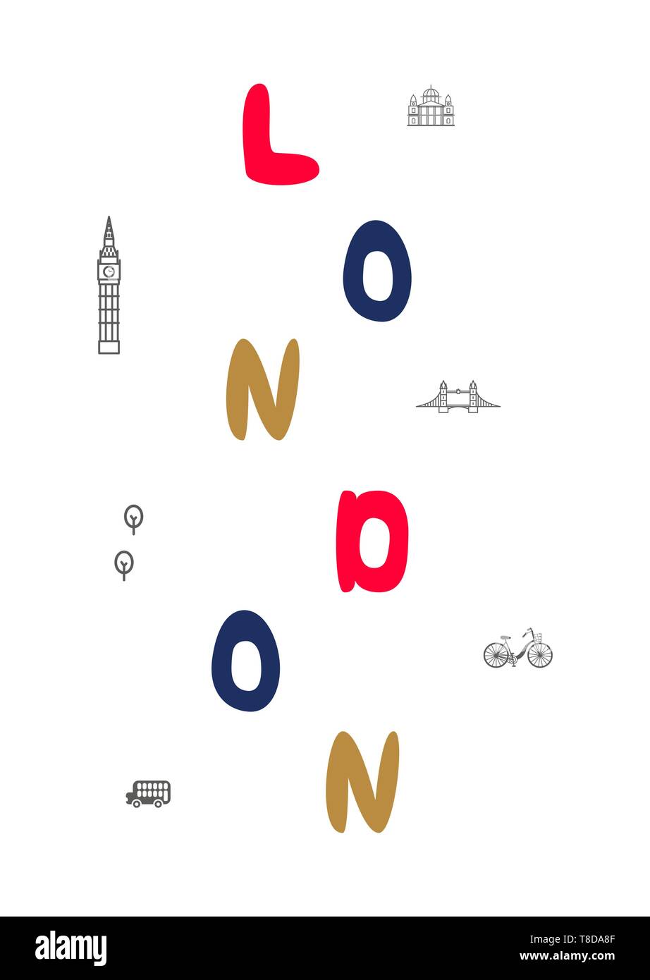 London wall art print with text and landmarks vector illustration. Kid ...