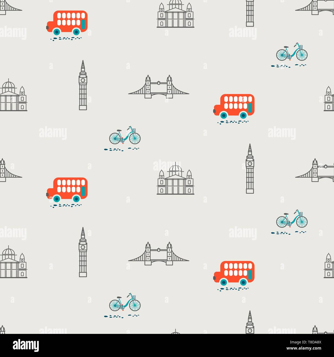 London city theme kid seamless vector pattern. Transport and landmarks ...