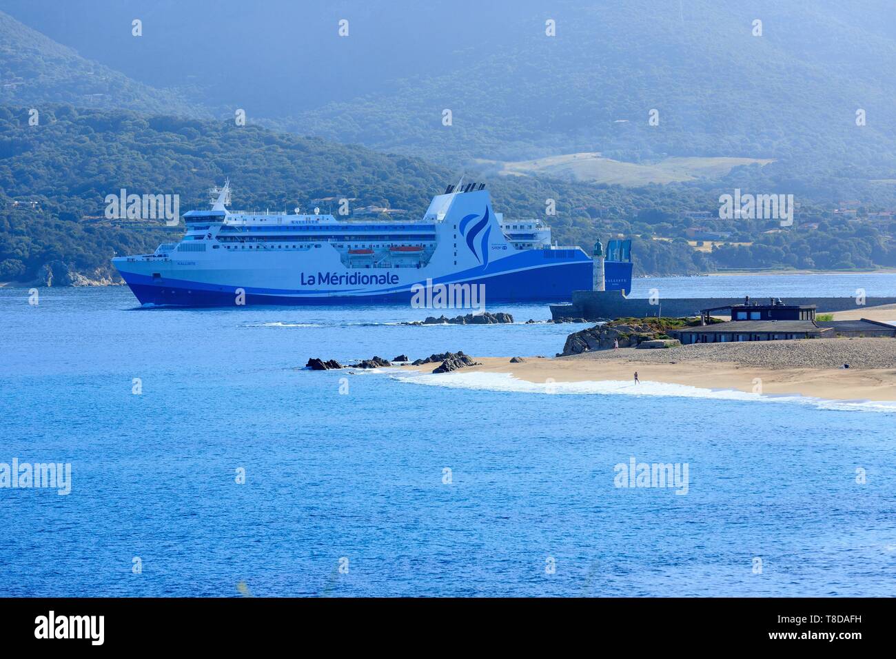 France, Corse du Sud, Propriano, Lido beach and the lighthouse in the ...