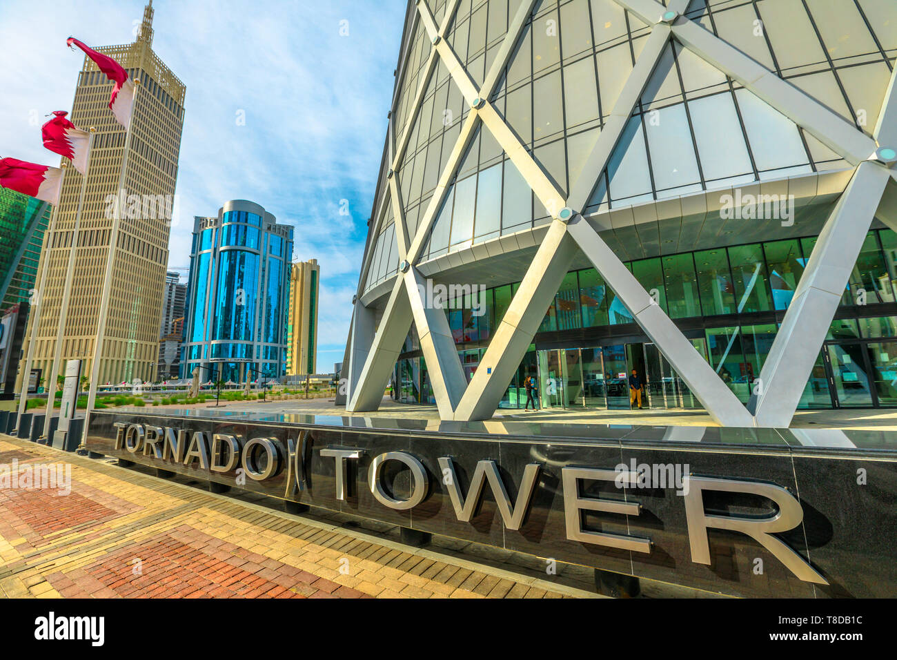 Doha, Qatar - February 17, 2019: base of the iconic Tornado Tower ...