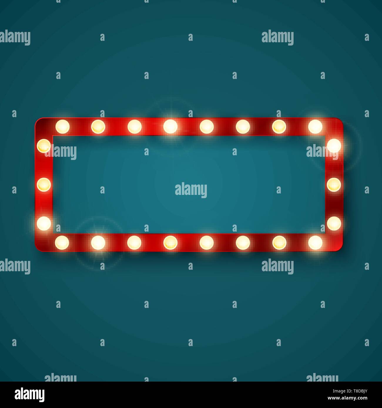 Retro banner sign with red frame and glowing bulbs. Colorful vintage ...