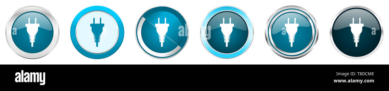 Plug silver metallic chrome border icons in 6 options, set of web blue ...