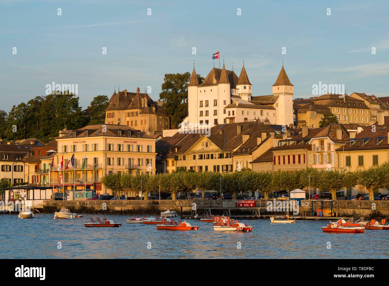 Switzerland, Lake Geneva the city of Nyon the port and the castle at ...