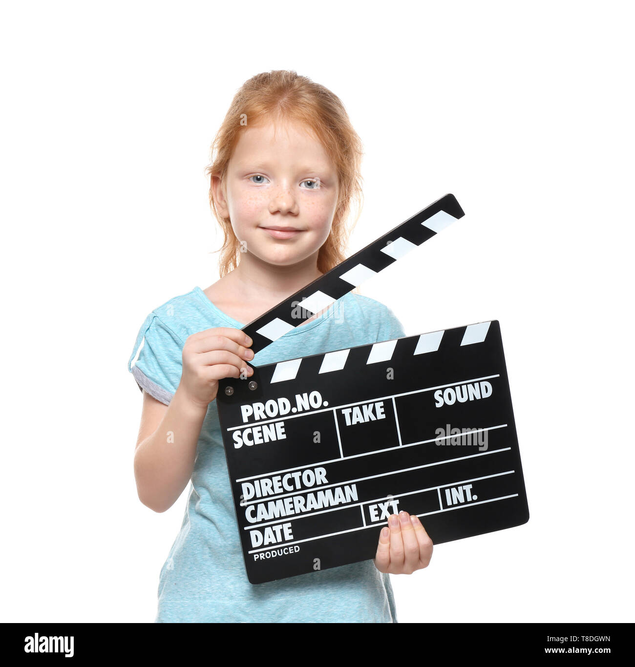 Cute little girl with clapper board on white background Stock Photo - Alamy