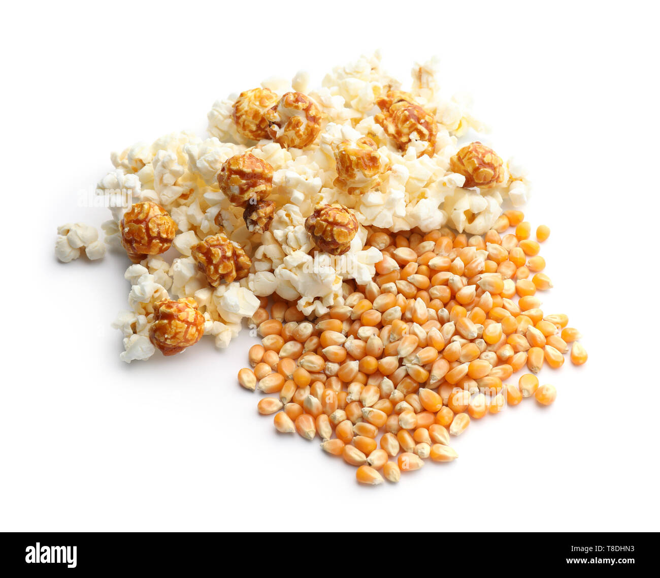 Delicious popcorn and kernels on white background Stock Photo - Alamy