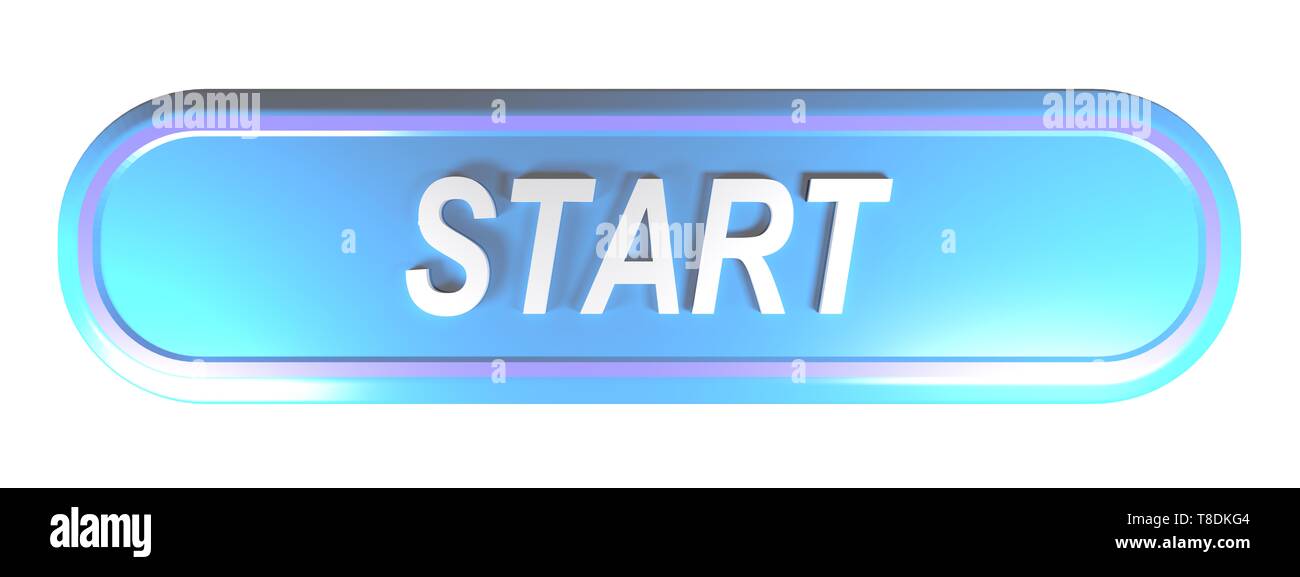 Blue rounded rectangle push button START - 3D rendering illustration ...