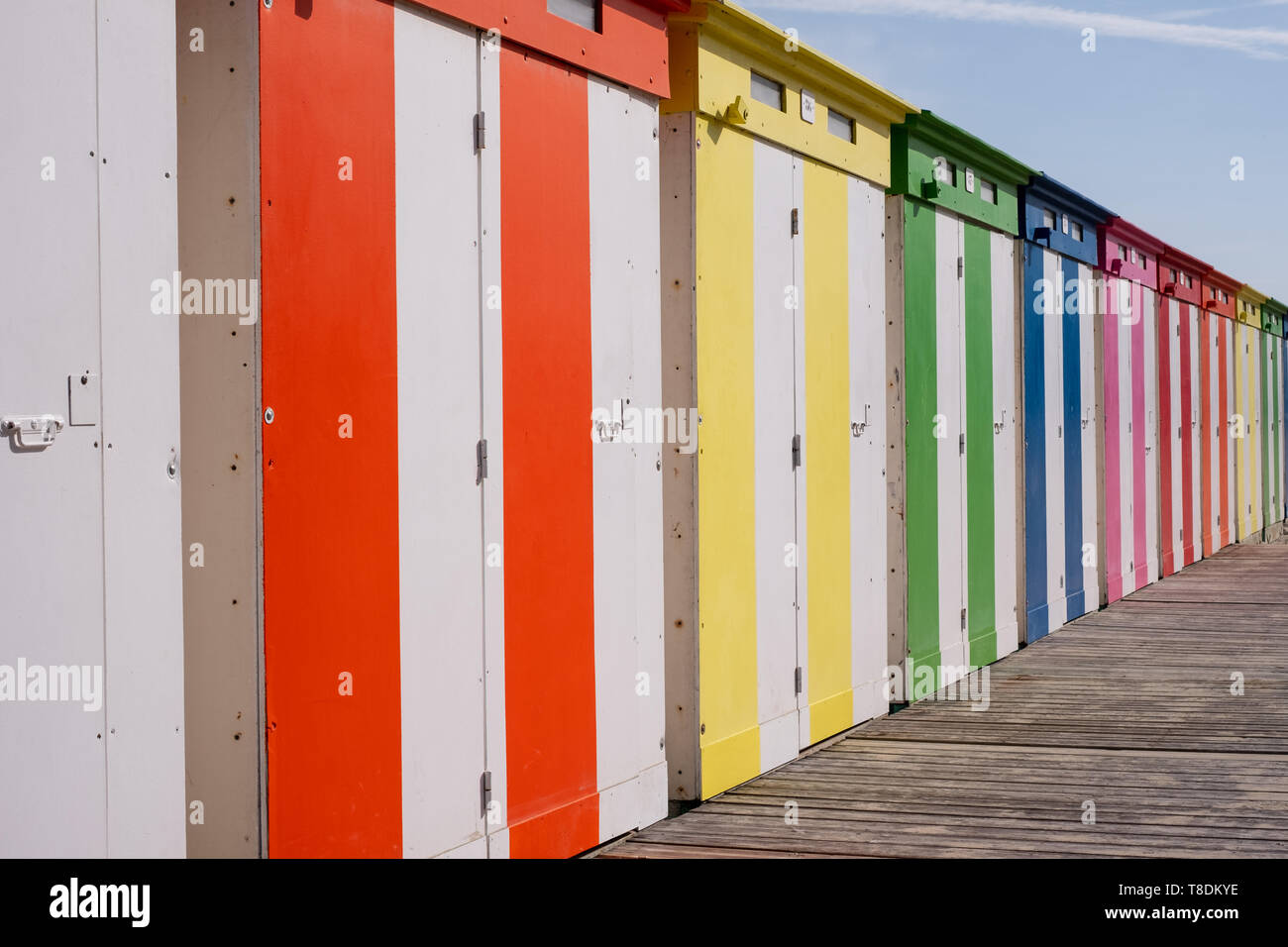 Dunkerque, France: Candy coloured striped beach cabins on the sea front ...