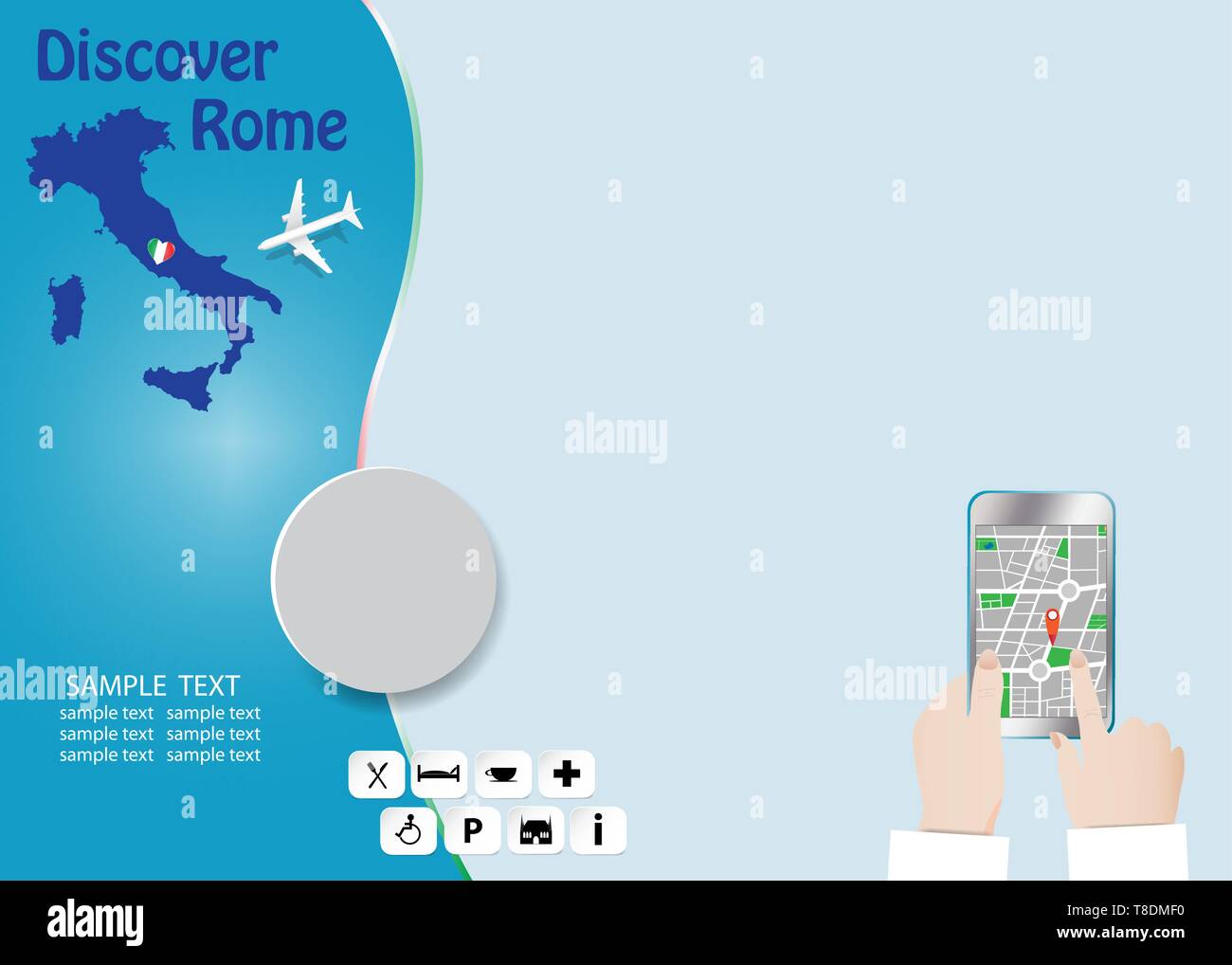 Discover Rome concept with plane flying over map of Italy. Tourist ...