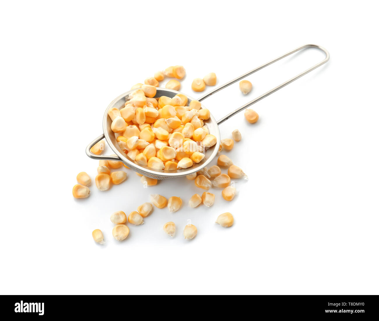 Sieve with ripe corn kernels on white background Stock Photo - Alamy