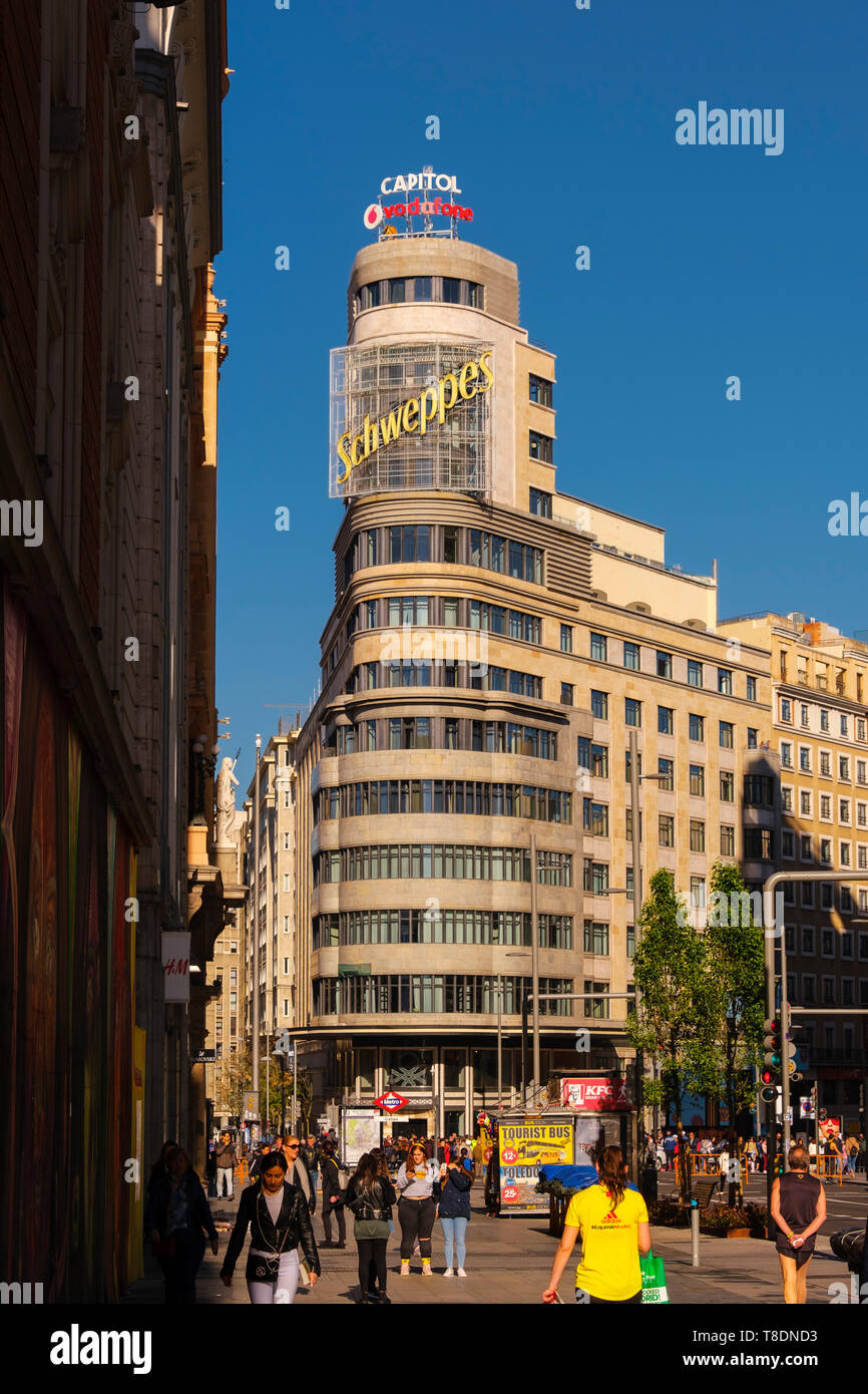 Gran Via street, Capitol building on Callao Square. Madrid city. Spain ...