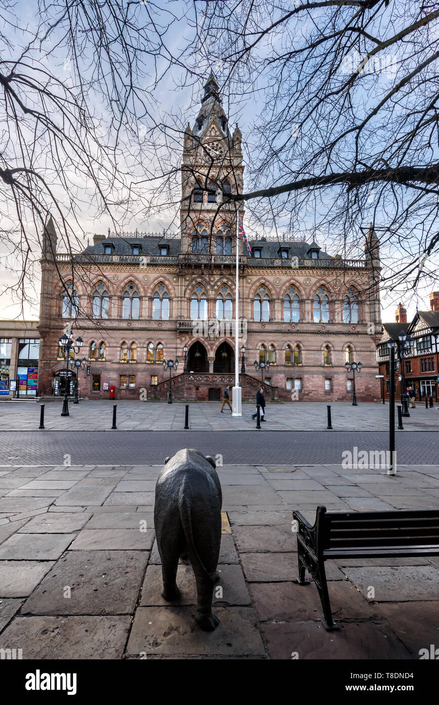 The grey and red sandstone, Gothic style Town Hall with its tower and ...