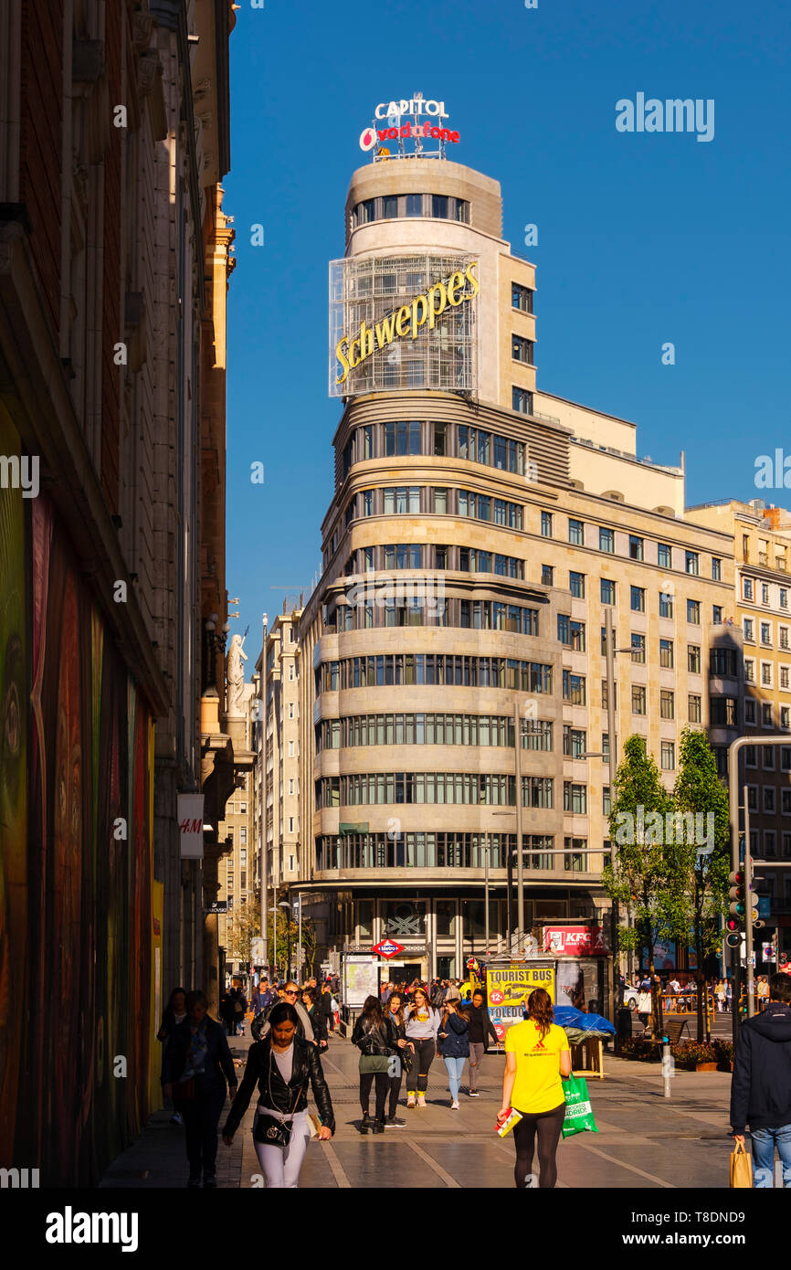 Gran Via street, Capitol building on Callao Square. Madrid city. Spain ...