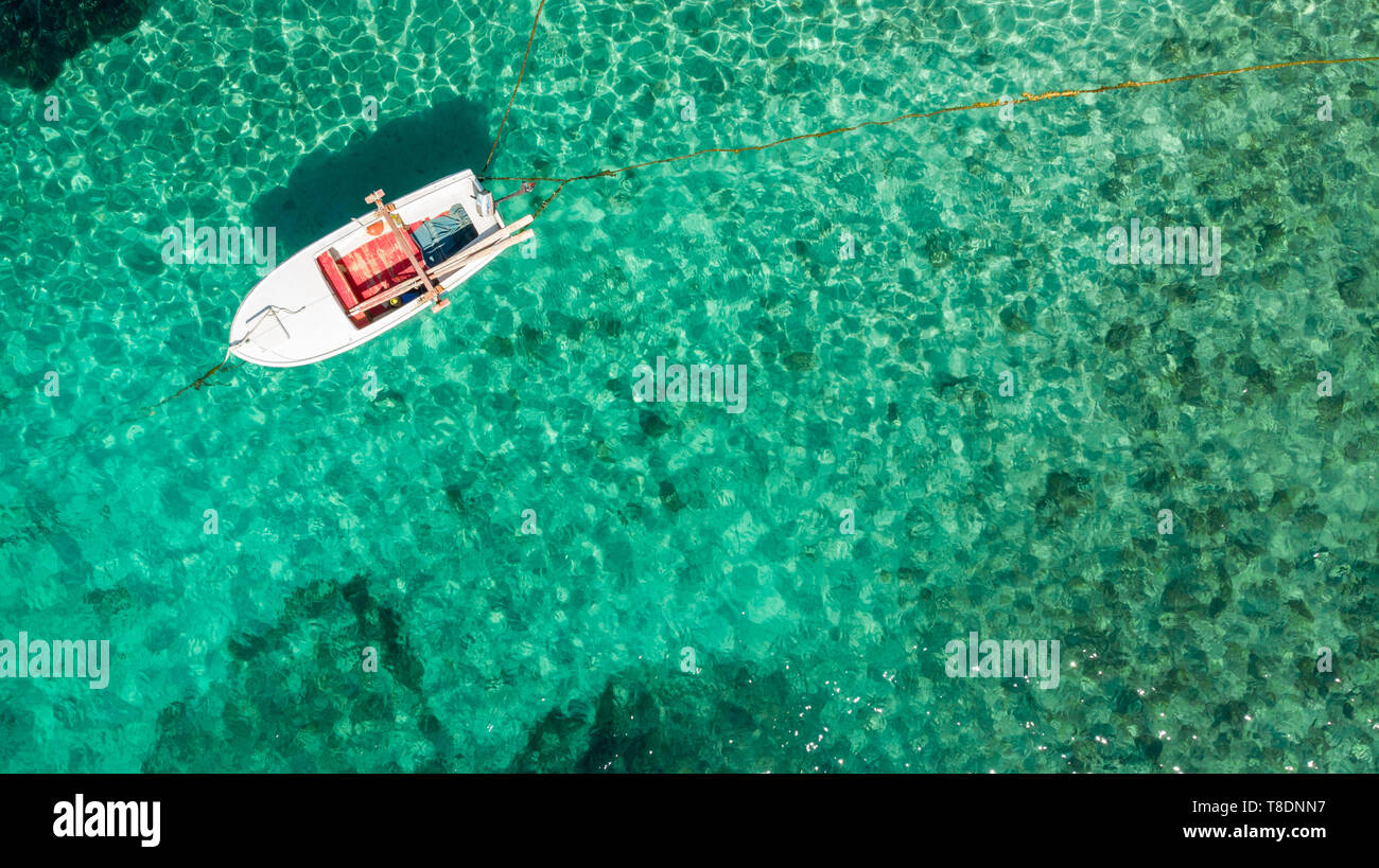 Drop down view of fishing boats anchored in bay. Dugi otok, Croatia ...