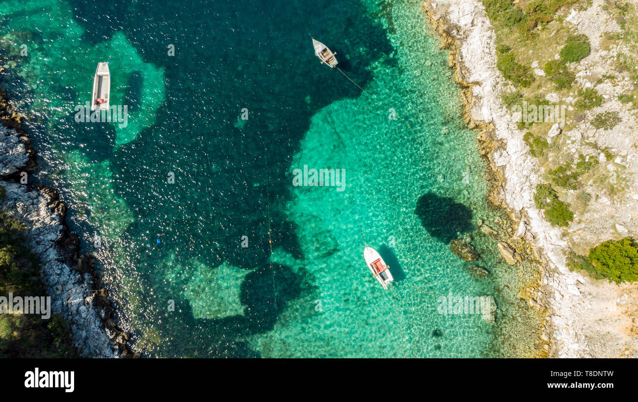 Drop down view of fishing boats anchored in bay. Dugi otok, Croatia ...