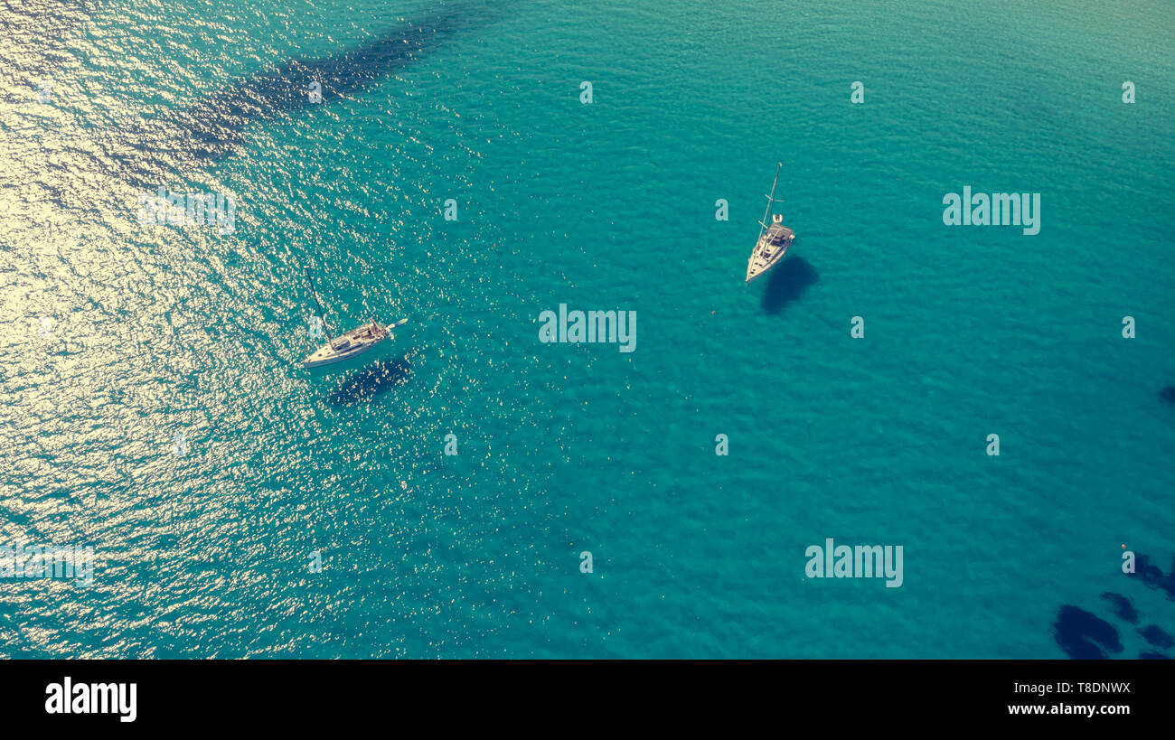 Drop down view of sail boats anchored in bay. Sakarun beach at Dugi ...