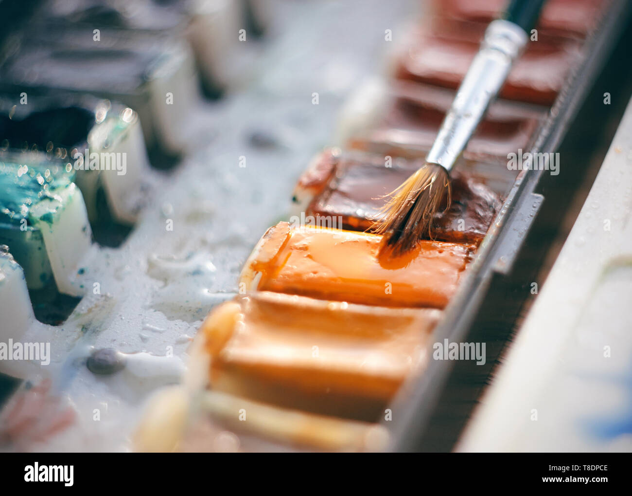 Watercolor paint in cuvettes of different colors-blue, orange and ...