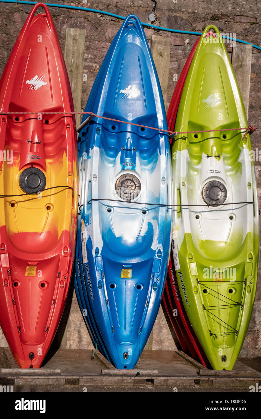 Colourful Red ,Blue and Green Kayaks at Brixham Marina,Torbay,Devon ...