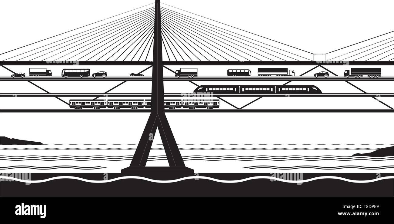Multifunctional transportation bridge cross the river - vector ...