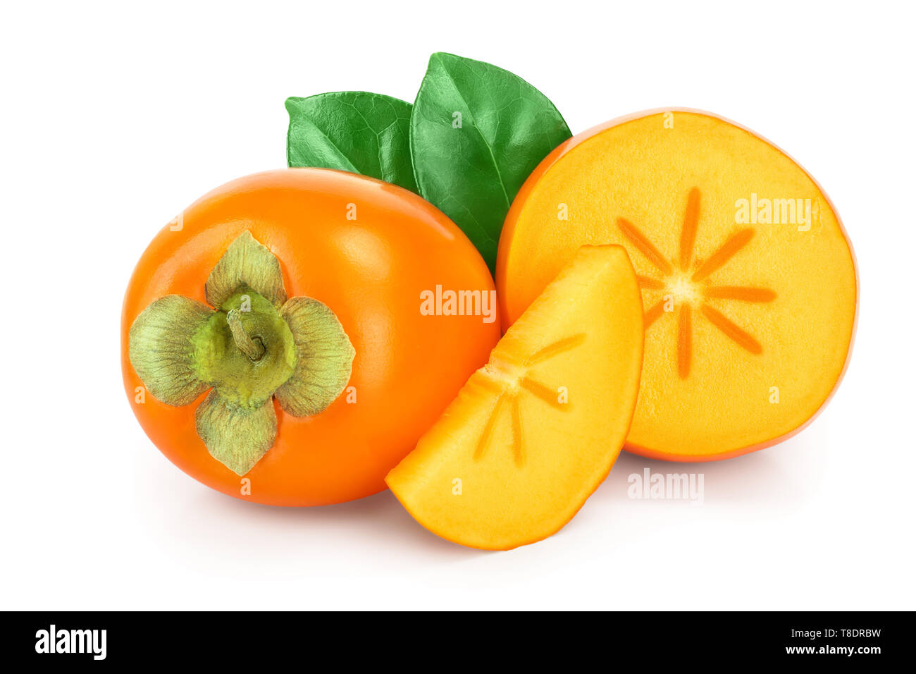 Persimmon fruit with leaves isolated on white background close-up Stock ...