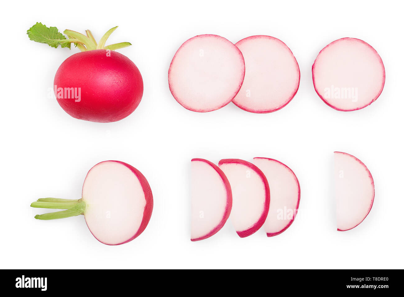 Set of fresh whole and sliced radish isolated on white background. Top ...